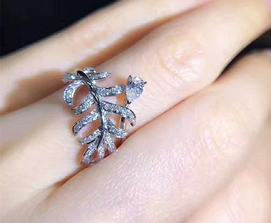 Diamond Feather Ring in Solid 18K Gold/Diamond Fashion | Etsy