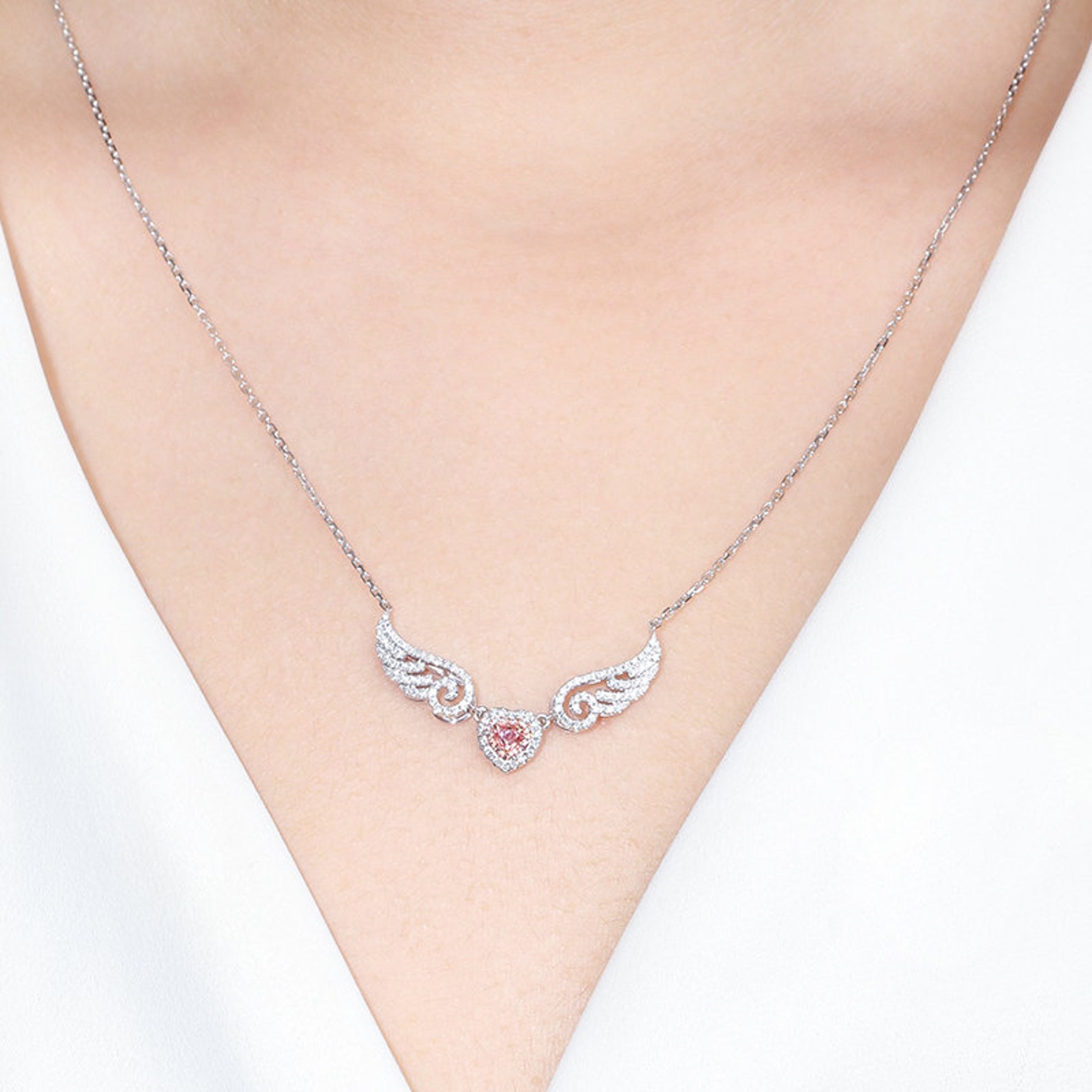 Pink Diamond Heart Angel Wings Pendant Necklace in Solid 18k - Etsy