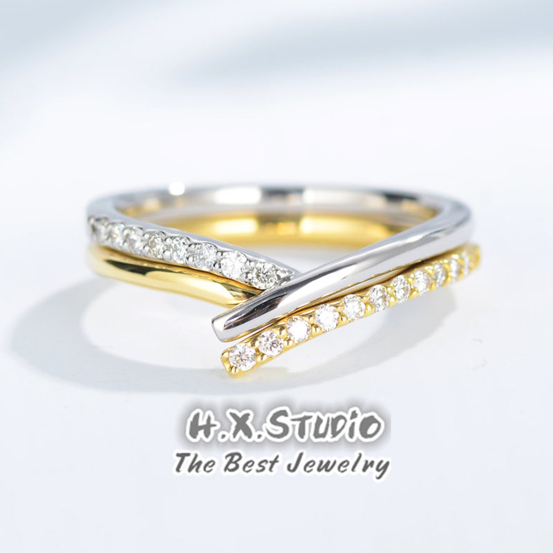 Diamond 2 Rings Set in Solid 18k Gold/2 Piece Wedding Rings Set/custom ...