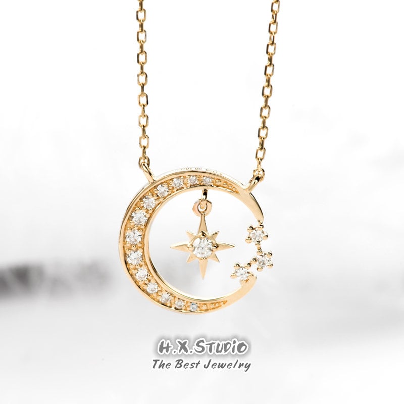 Diamond Crescent Moon and Star Pendant Necklace in Solid 18K Gold ...