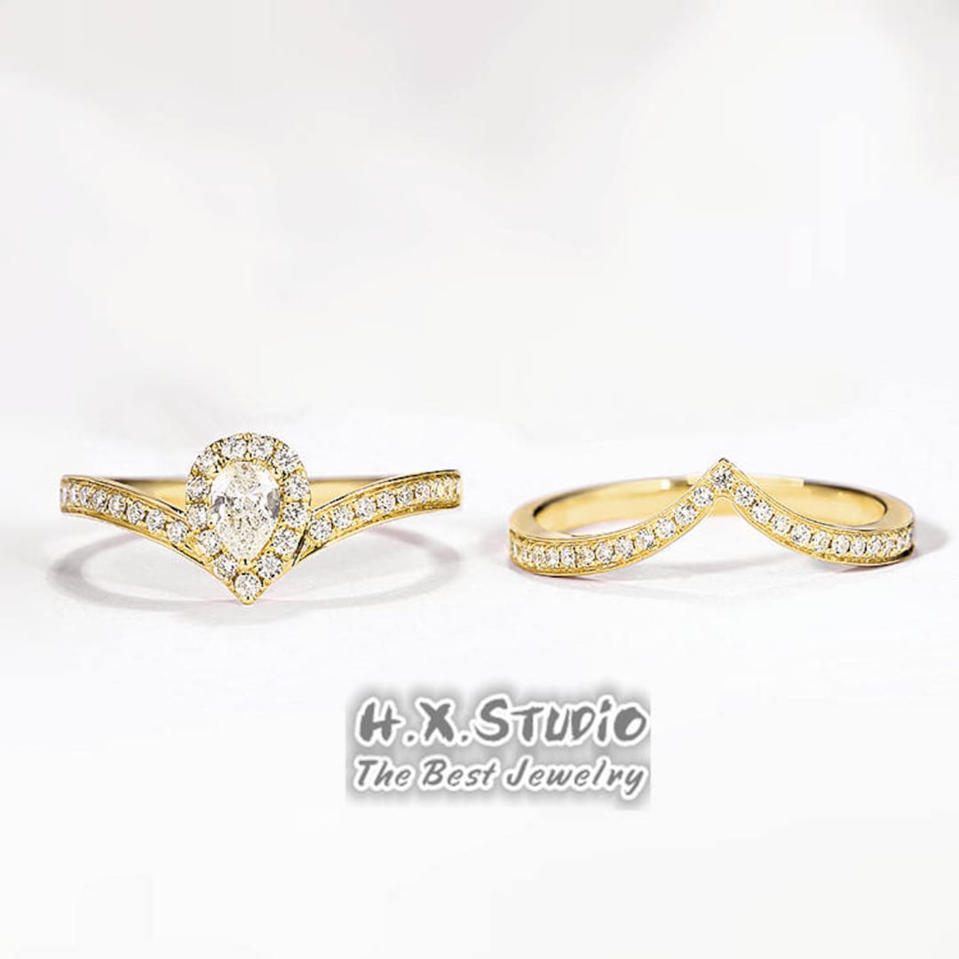 Diamond Ring Set in Solid 18k Gold/2 Piece Wedding Rings/matching Ring ...