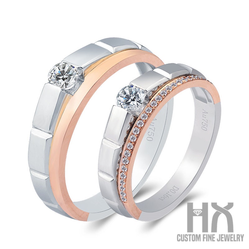 Diamond Matching Wedding Bands in Two Tone 18k Gold/Couple | Etsy