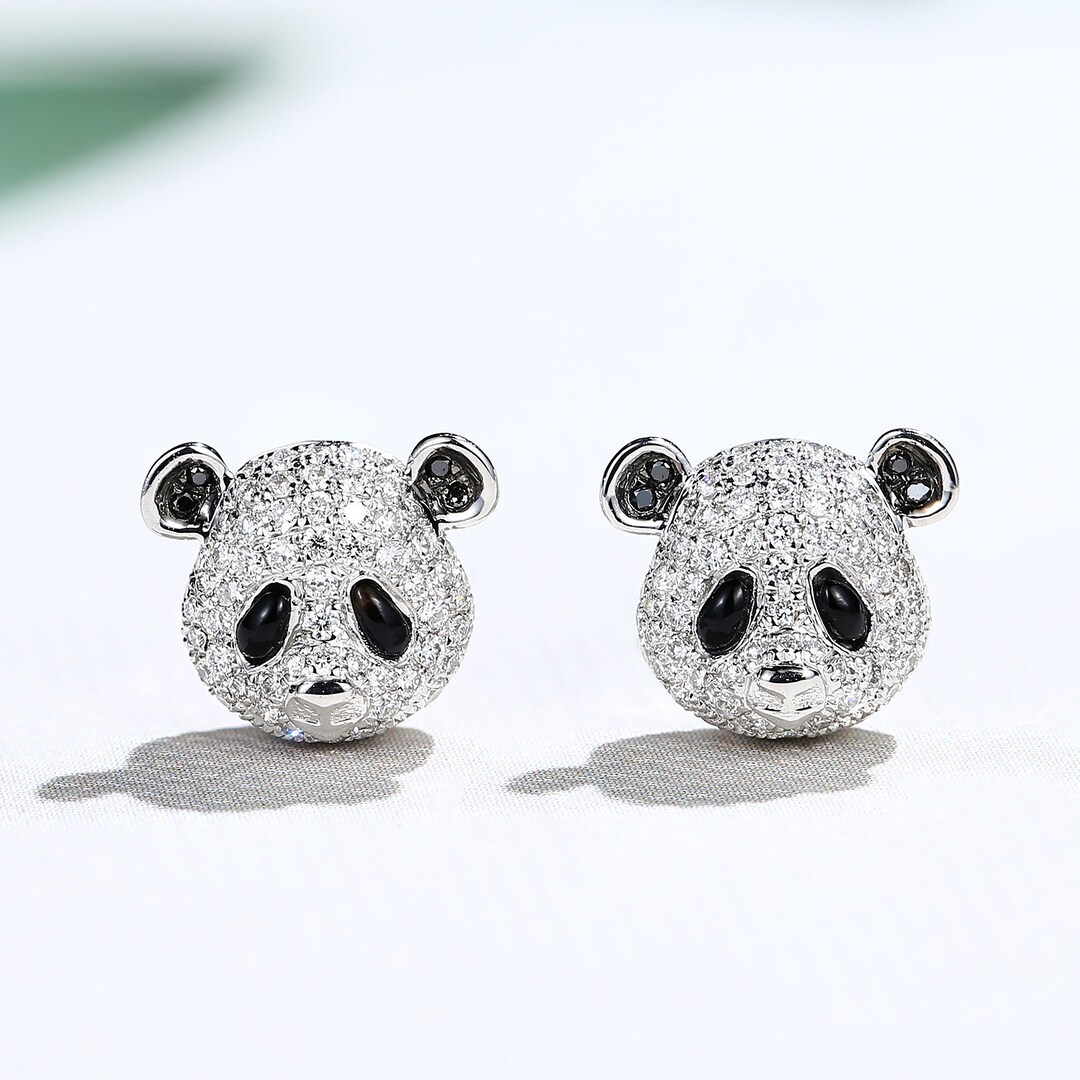Diamond Panda Stud Earrings in Solid 18k Two Tone Gold, Animal Jewelry ...