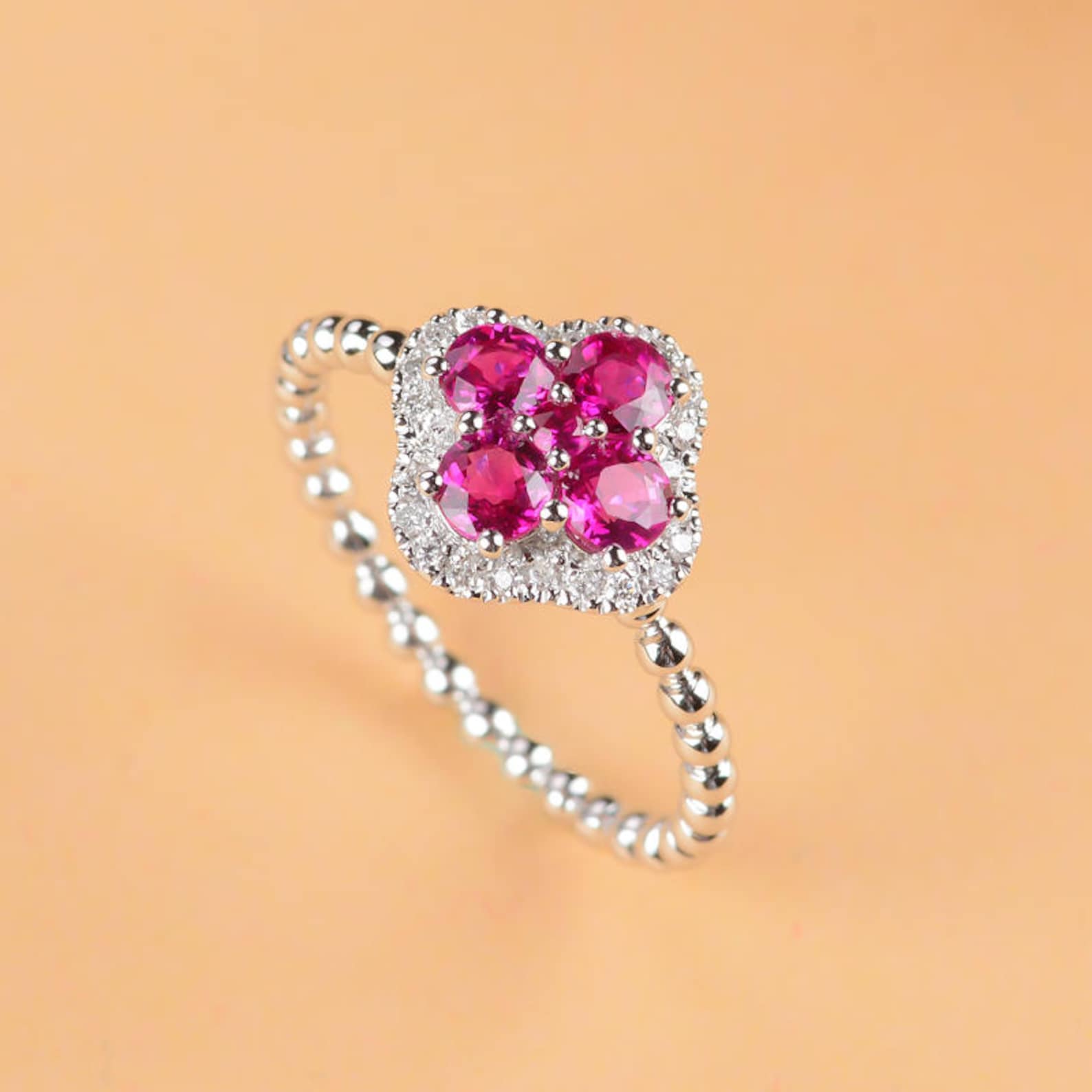 Ruby Diamond Lucky Clover Ring in Solid 18k Gold/diamond Ruby Wedding ...