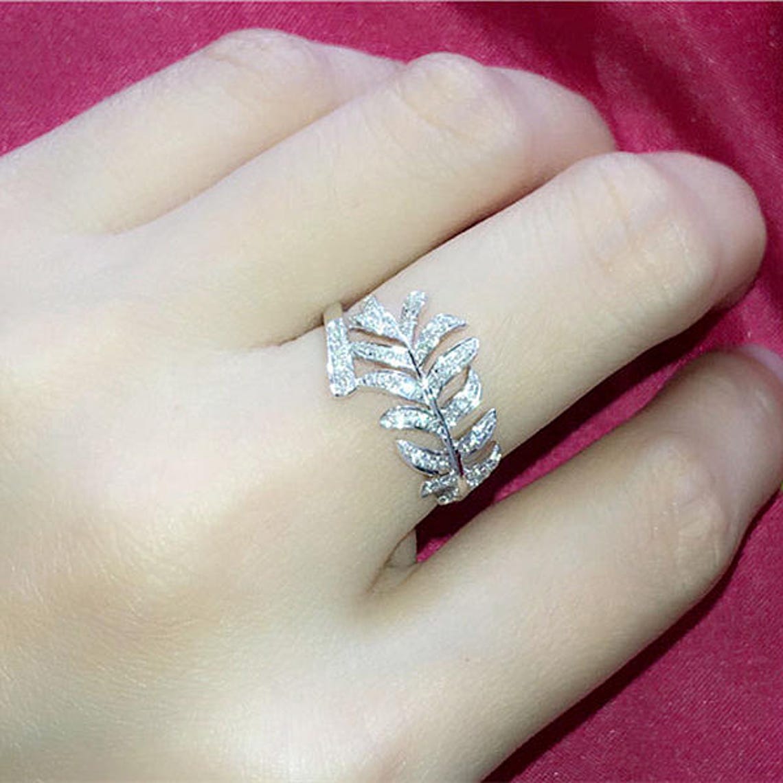 Diamond Feather Ring in Solid 18K Gold/Art Deco Fashion | Etsy