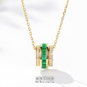 Diamond Emerald Rotatable Pendant Necklace in Solid 18k Gold/rotating ...