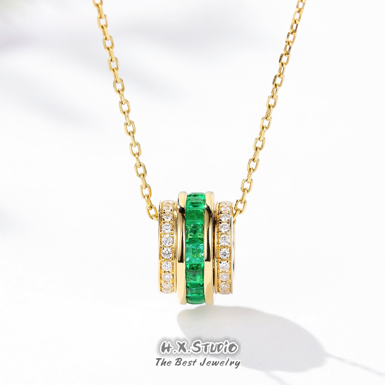 Diamond Emerald Rotatable Pendant Necklace in Solid 18k Gold/rotating ...