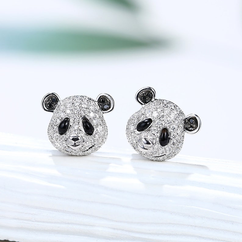 Diamond Panda Stud Earrings in Solid 18k Two Tone Gold, Animal Jewelry ...