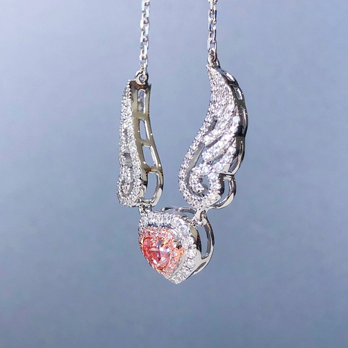 Pink Diamond Heart Angel Wings Pendant Necklace in Solid 18k - Etsy