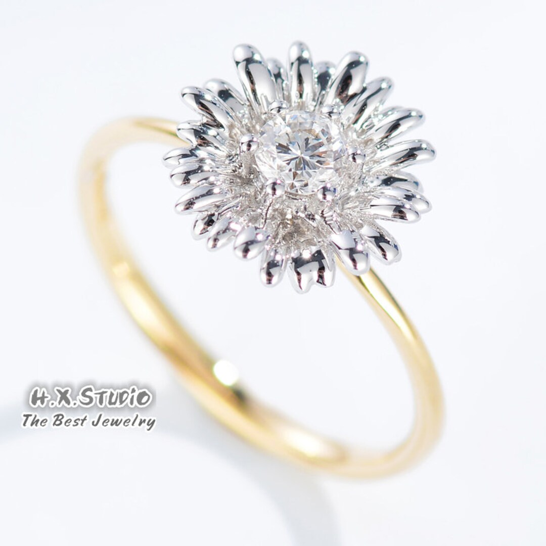 Flower Diamond Ring in Solid Two Tone 18k Gold/daisy Flower Ring/custom ...