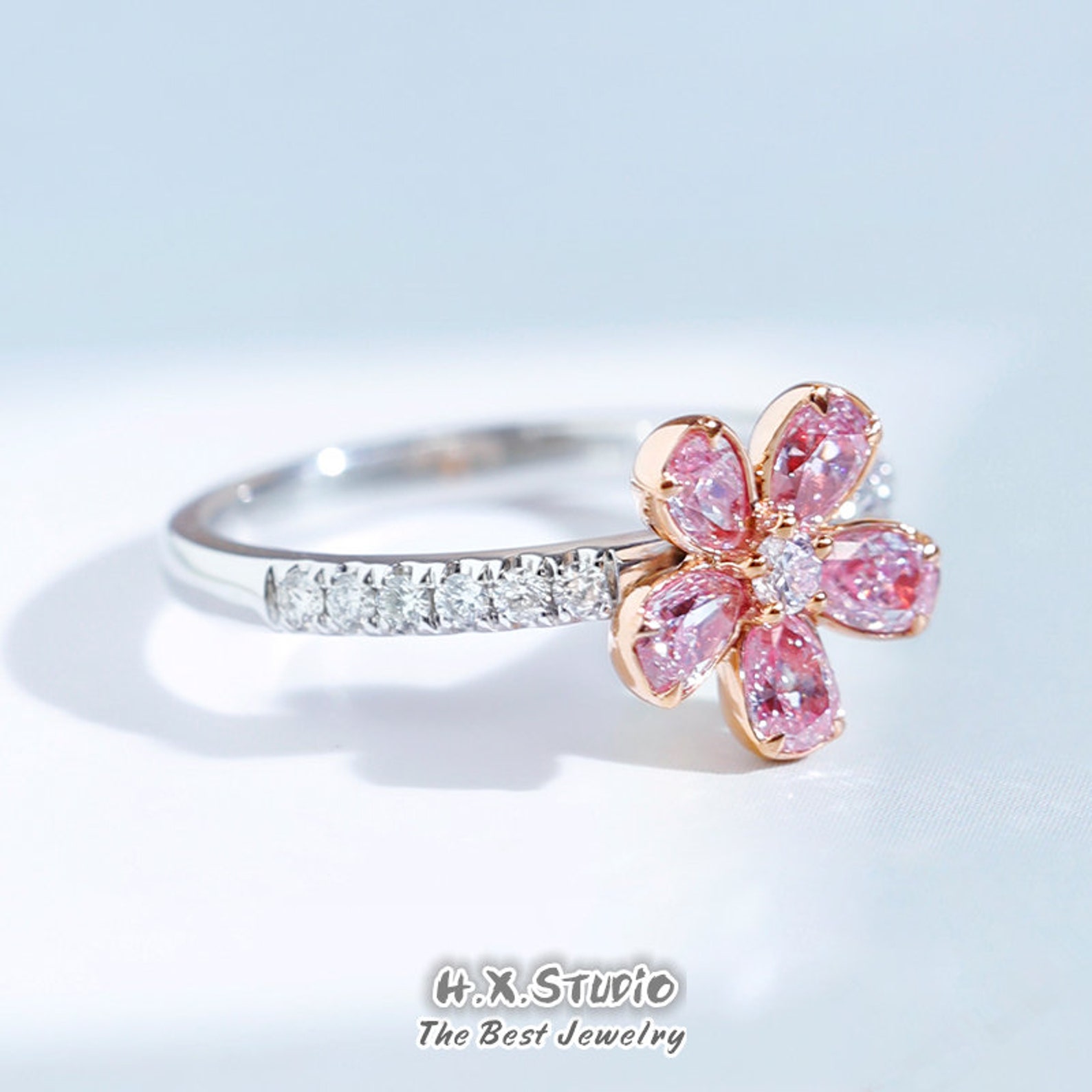 Pink Diamond Flower Ring in Solid 18k Gold/floral Engagement Wedding ...