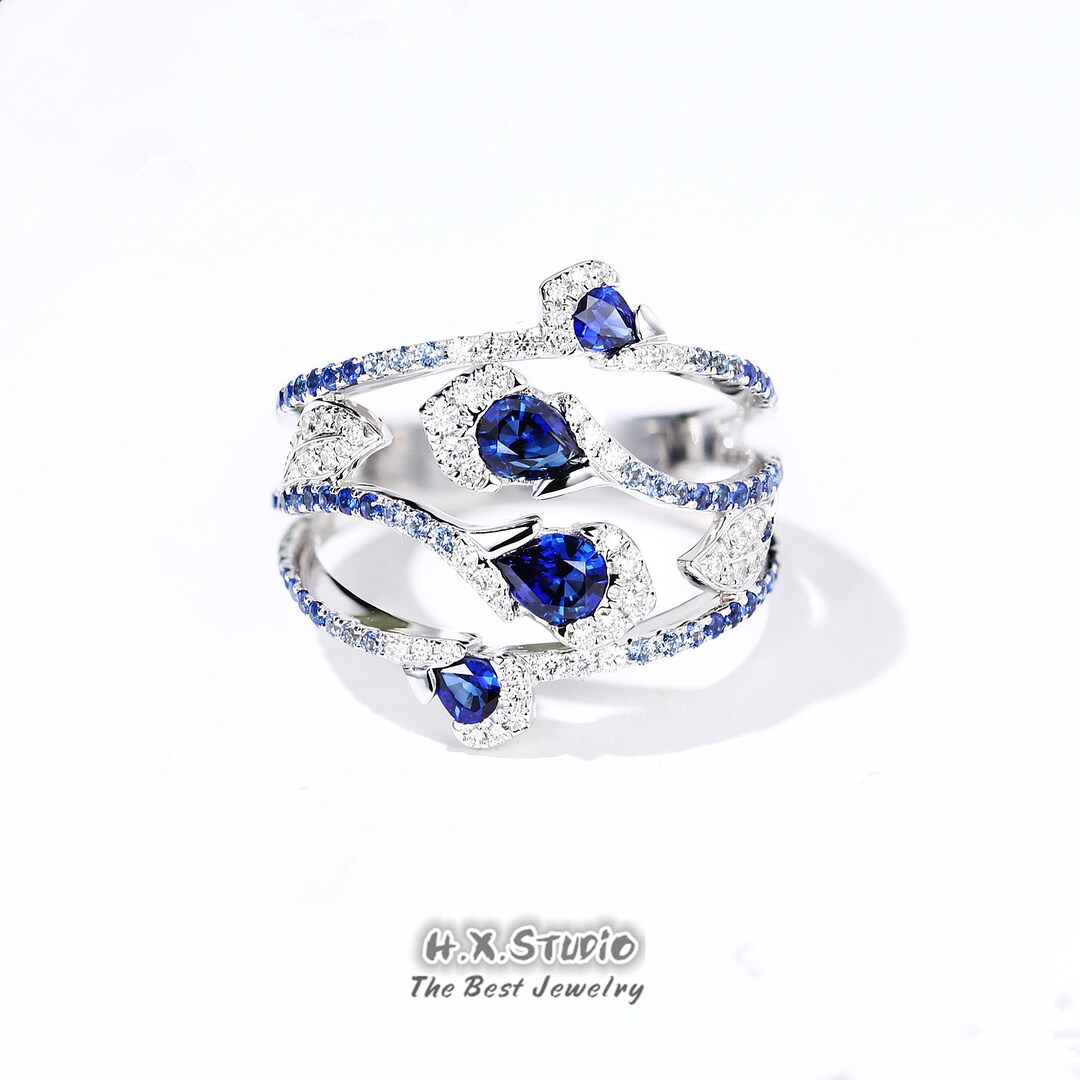 Diamond Sapphire Statement Ring in Solid 18k Gold/flower and - Etsy