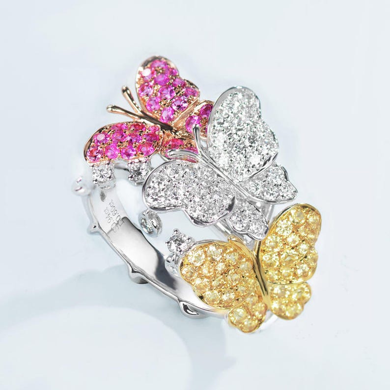 Three Butterflies Cocktail Ring in Solid 18k Gold/diamond - Etsy