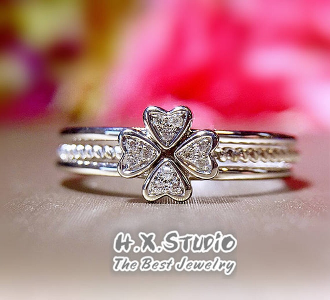 Four Leaf Clover Diamond Ring Set in 18k Solid Gold | Etsy