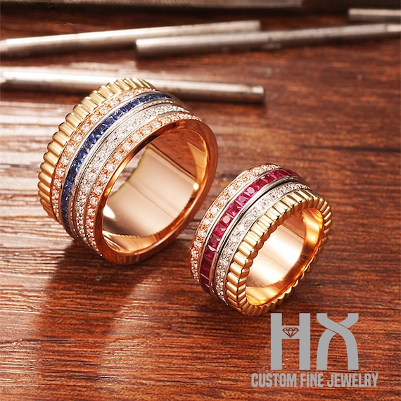 Diamond Spinner Bands in 18k Gold With Ruby Sapphire/matching - Etsy