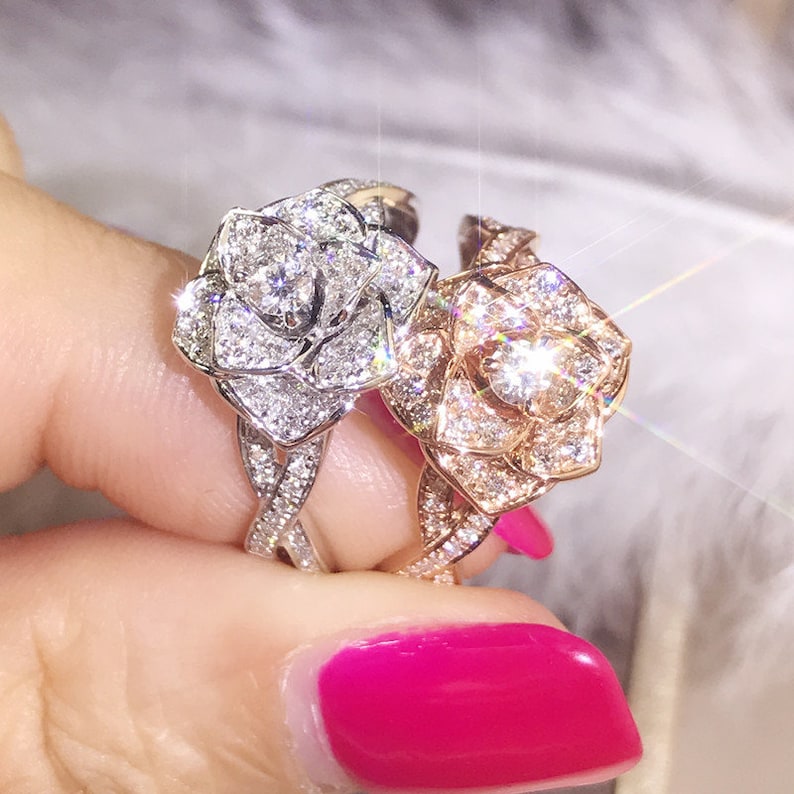 Rose Flower Diamond Ring in Solid 18K Gold/floral Statement Ring/custom ...