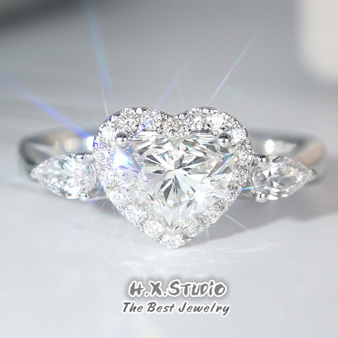 18k Gold Heart Halo Engagement Ring (0.5CTW) + 0.5CT Heart-cut Lab ...