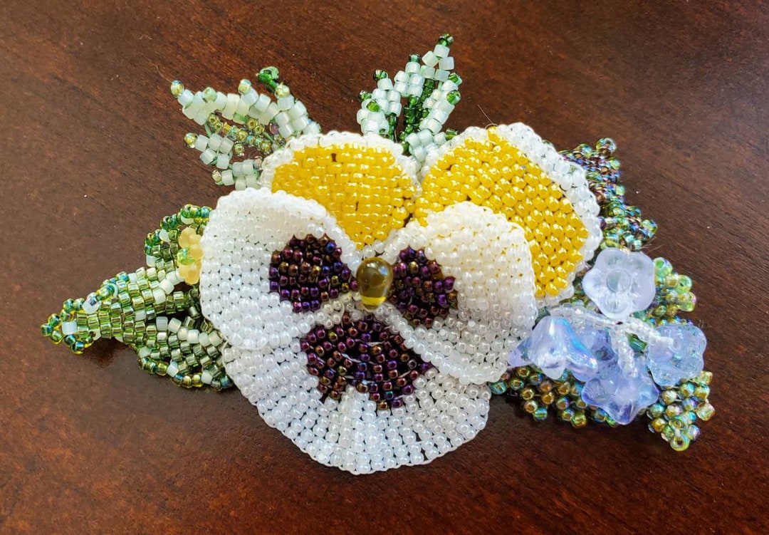 White and Yellow Beaded Pansy Pin - Etsy