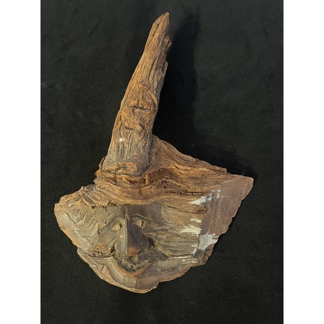 Wood Spirit Forest Gnome Face Knot Carving Unknown Artist Unique Wizard ...