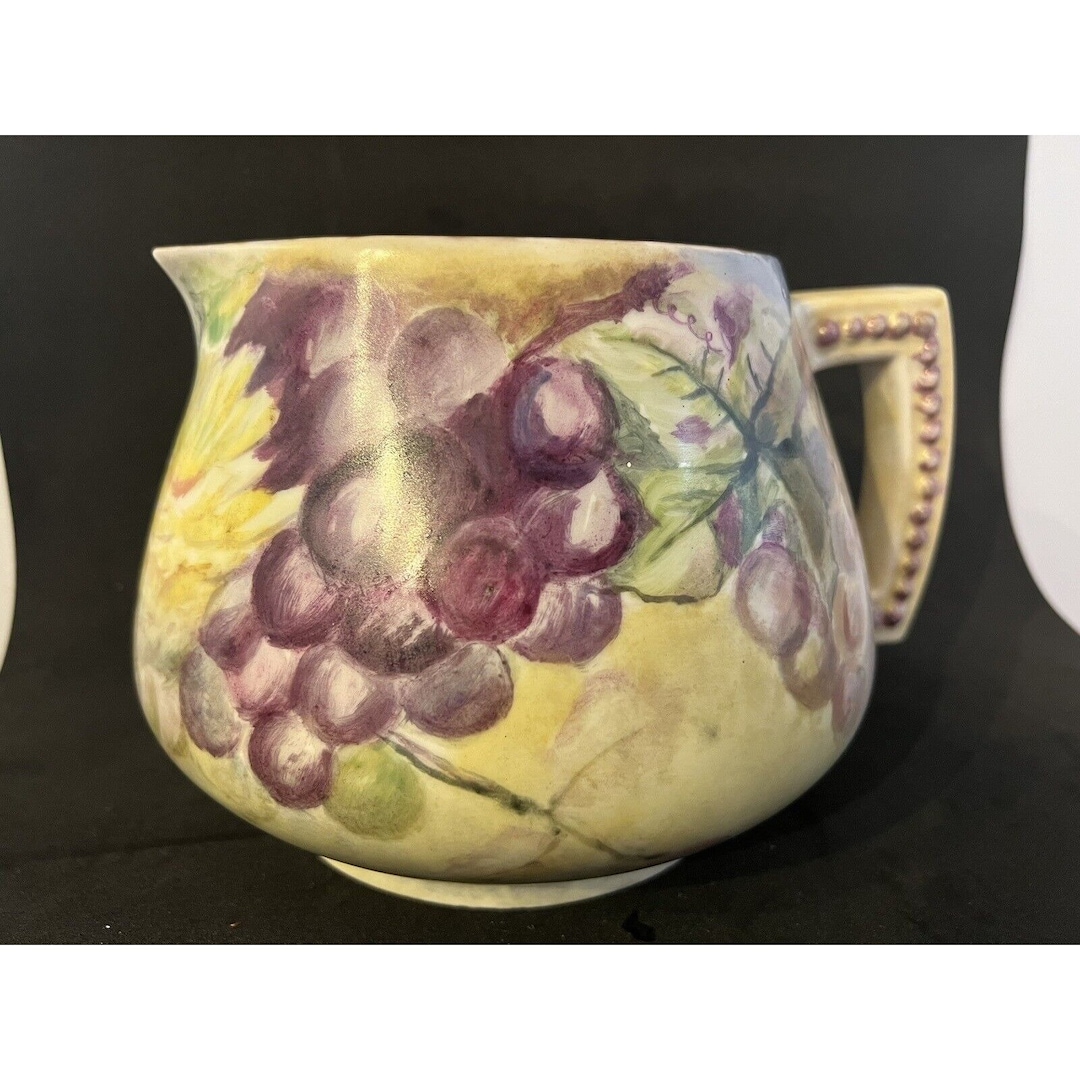 Limoges Cider Pitcher Hand Painted Roses Grapes Purple Pink JPL France ...