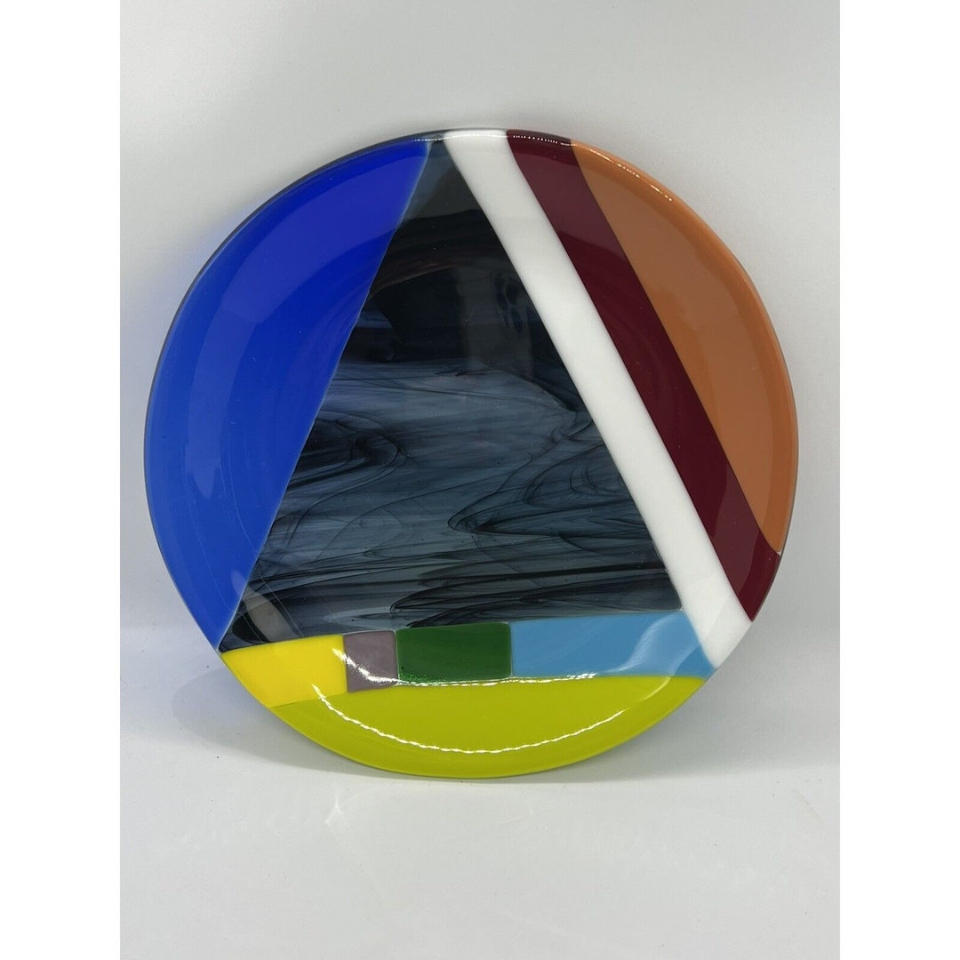 Decorative Retro Fused Multi Color Art Glass Plate Geometric ...