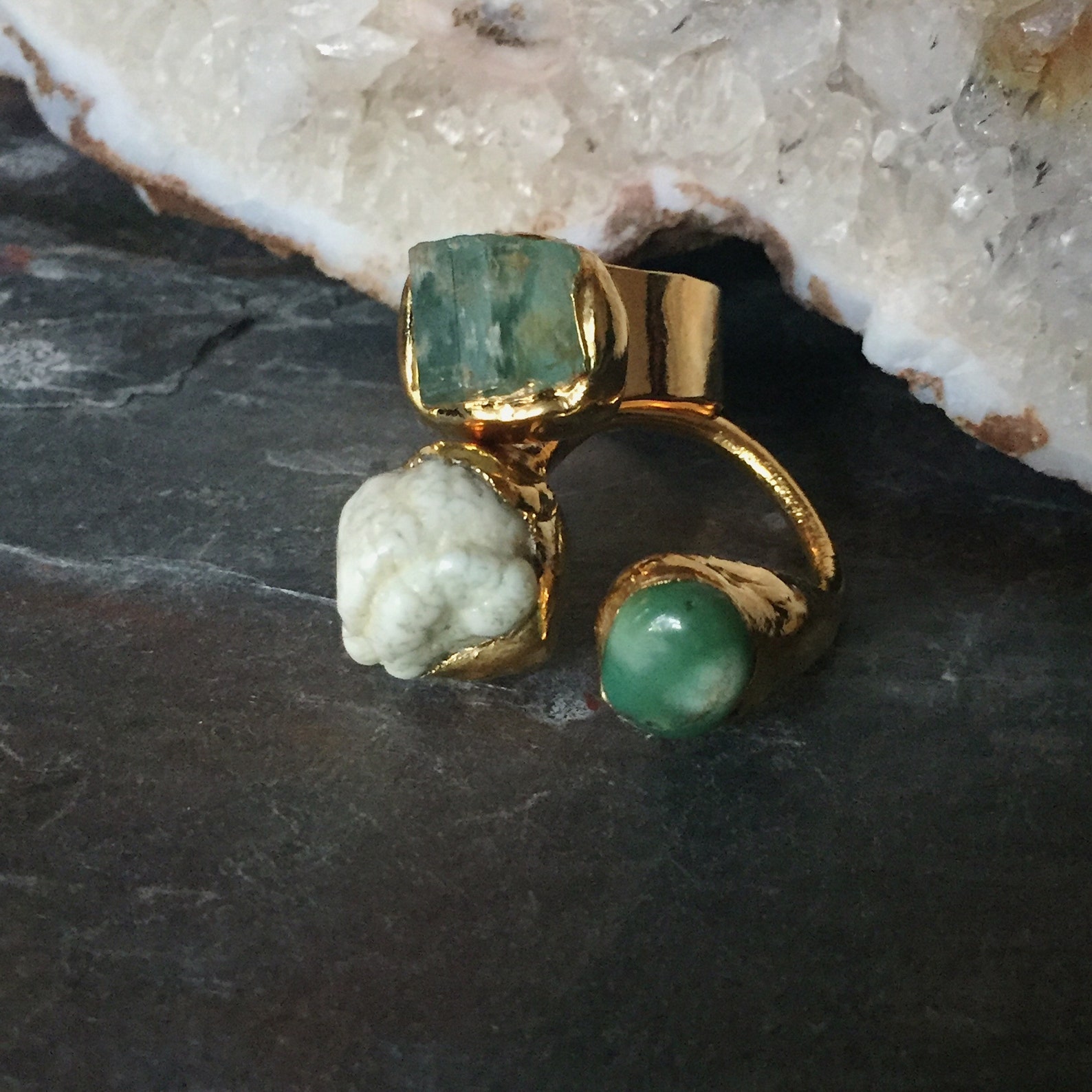 Chrysoprase and Magnesite Ring / Gemstone Ring / Gold Double Gemstone ...