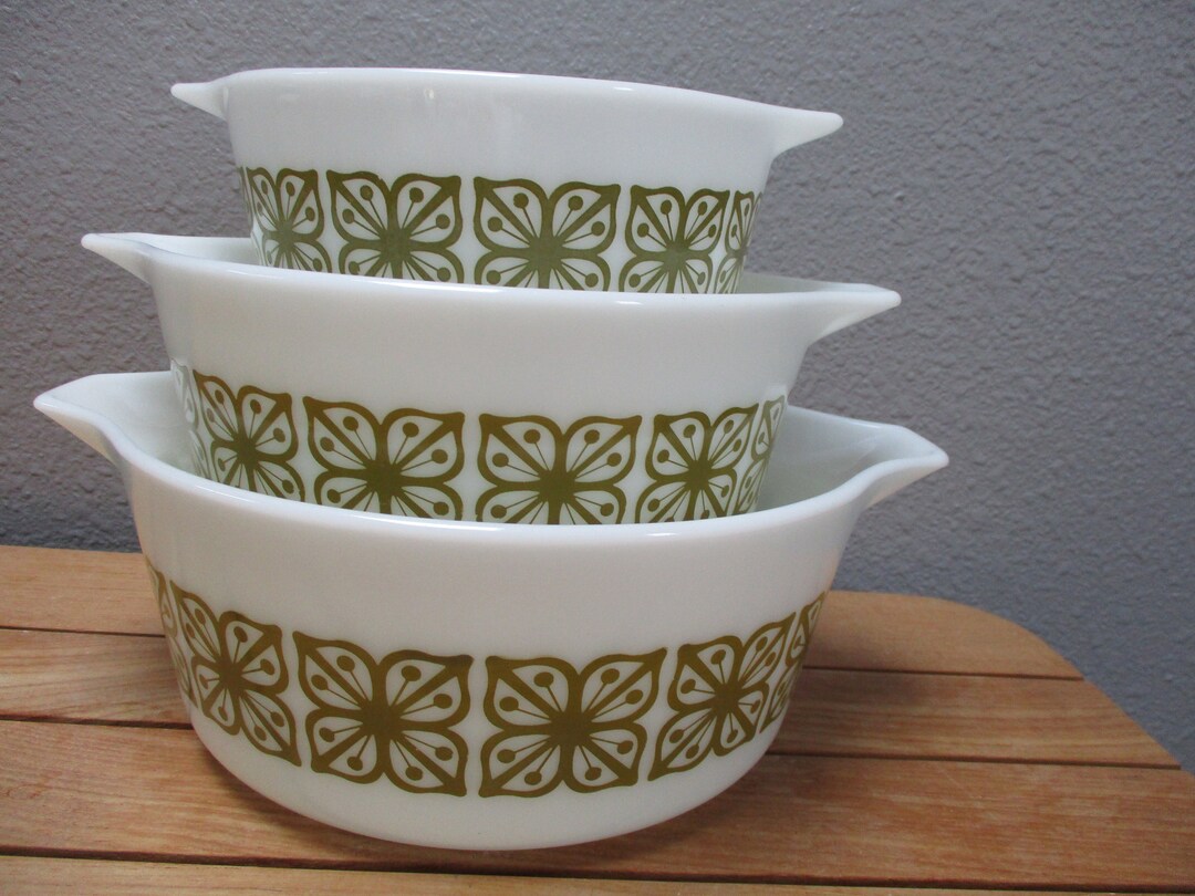 Vintage Pyrex VERDE Green SQUARE FLOWER Casserole Dishes No Lids Set of ...