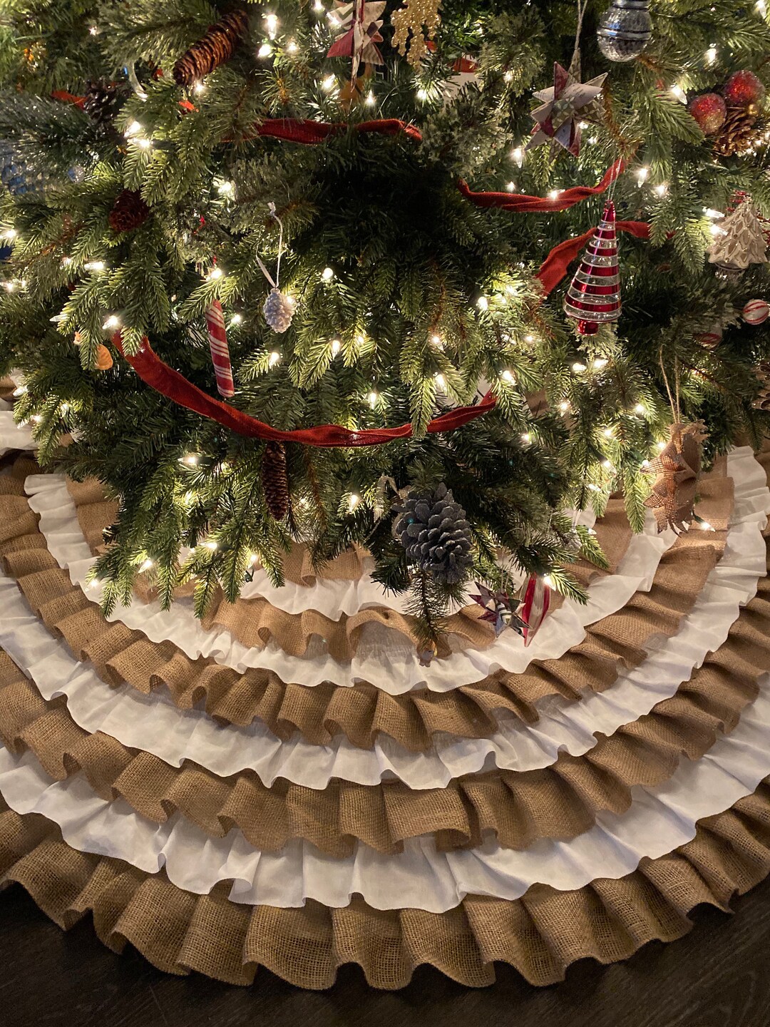 Farmhouse Christmas - Muslin and Burlap Ruffled Tree Skirt - Sewn and ...