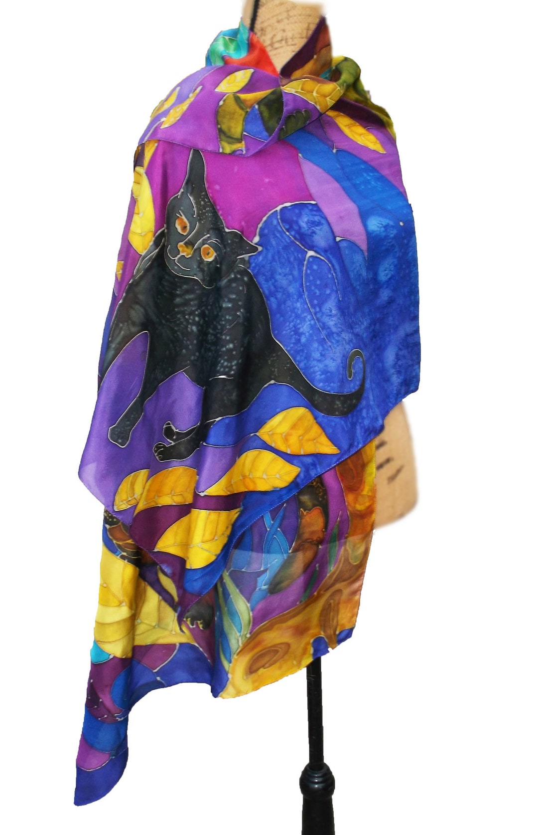 Large Silk Shawl/ruana26in.x79.5in. Autumn Cats Enjoying the - Etsy