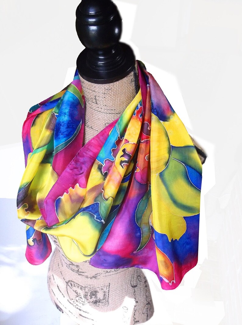 Silk Scarves Blue and Yellow Daffodil Hand-painted Art 14in. - Etsy