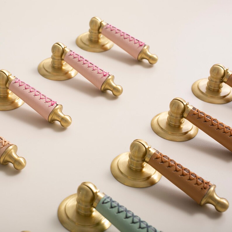 Brass and Leather Knob Drawer Beige Pull Pink Pull Closet Door - Etsy