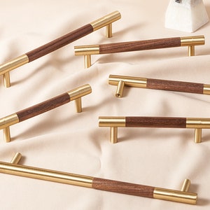 Brass and Walnut Handle Drawer Pulls Cabinet Handle Closet Door Wood ...