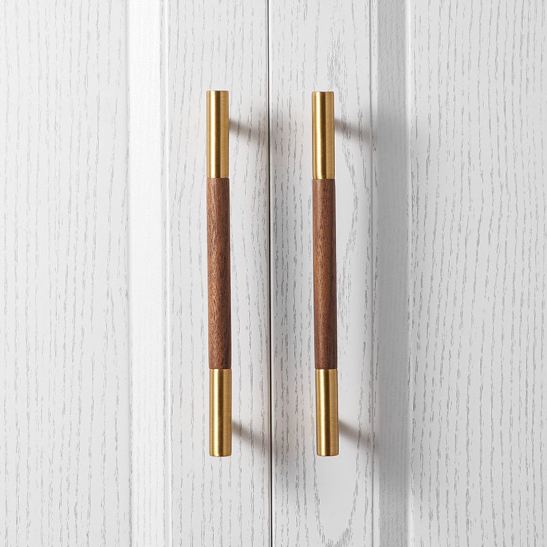 Brass and Walnut Handle Drawer Pulls Cabinet Handle Closet Door Wood ...