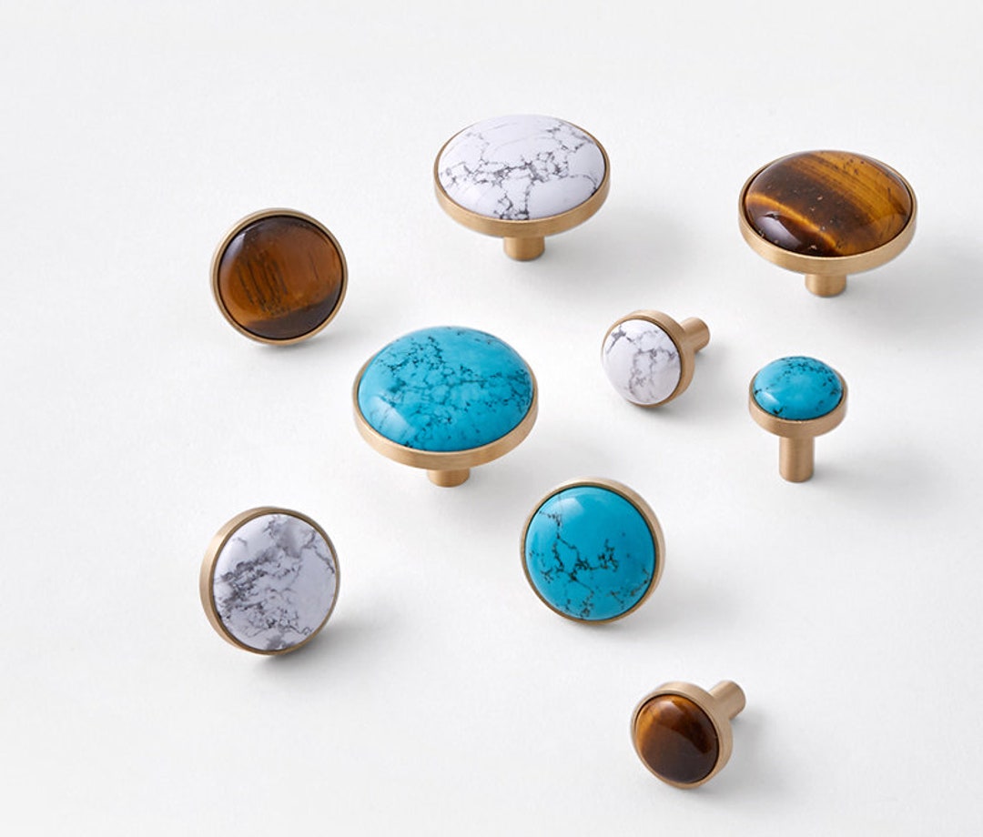 Brass and Gem Stone Knob Furniture Cabinet White Pine Pull Drawer Tiger Stone Handle Closet Door ...