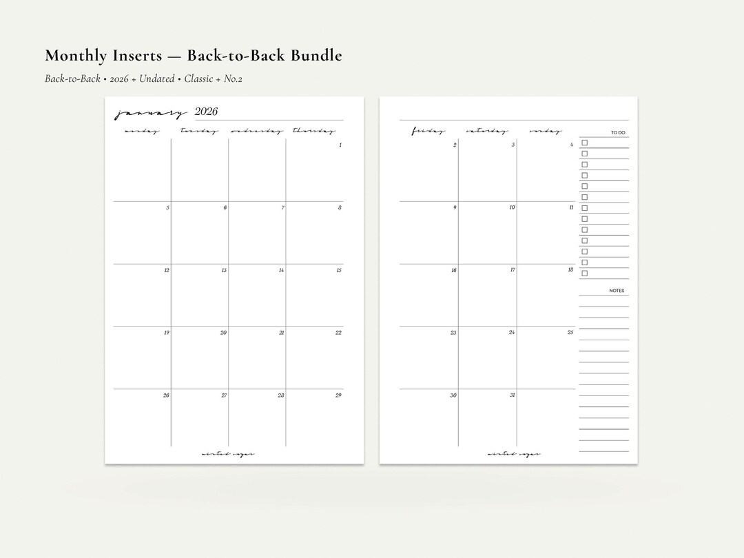 2026 Monthly Planner Insert | Back-to-back Layout | Dated 2026 ...