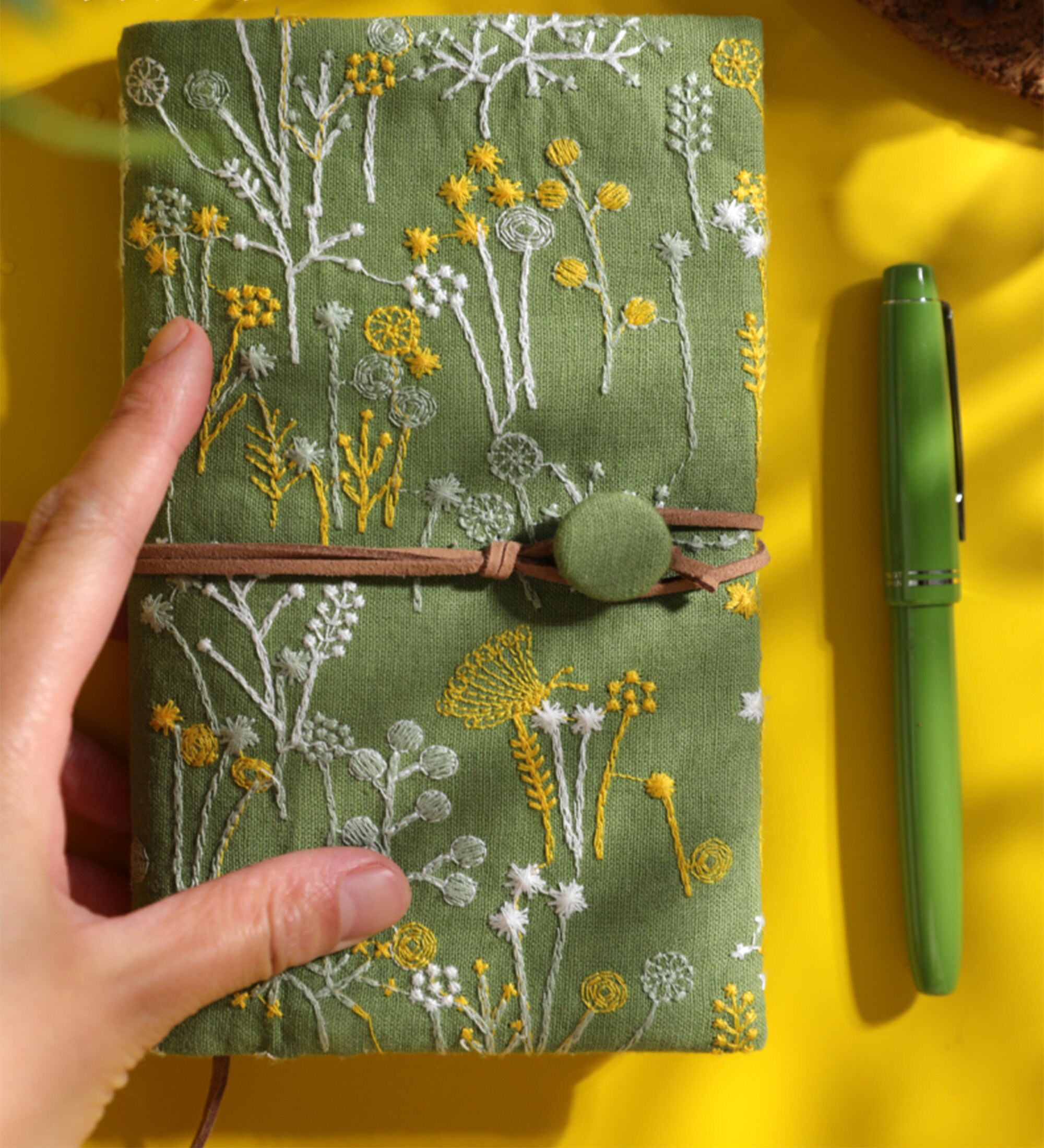 A6 Beige Embroidery Notebook the Lined Green Diary Gift for - Etsy