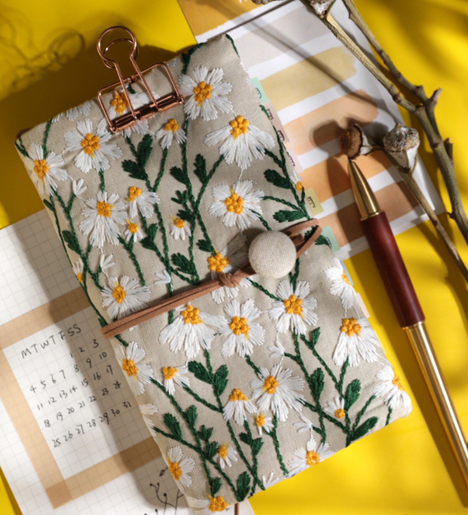 A6 Beige Embroidery Notebook the Lined Green Diary Gift for - Etsy