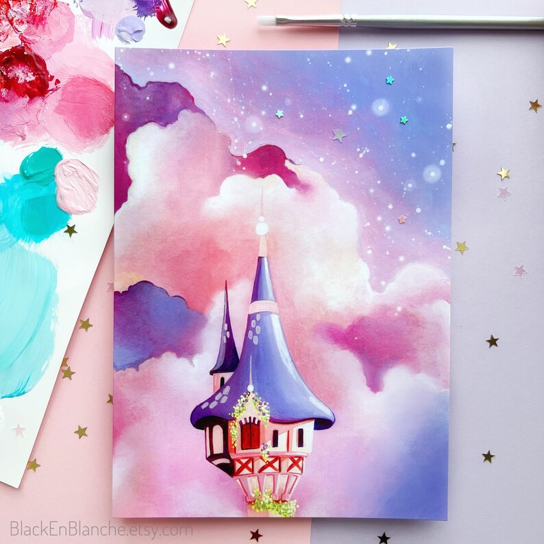 Tangled Art Rapunzel Tower Print, Castle in the Pink Clouds Postcard - Etsy