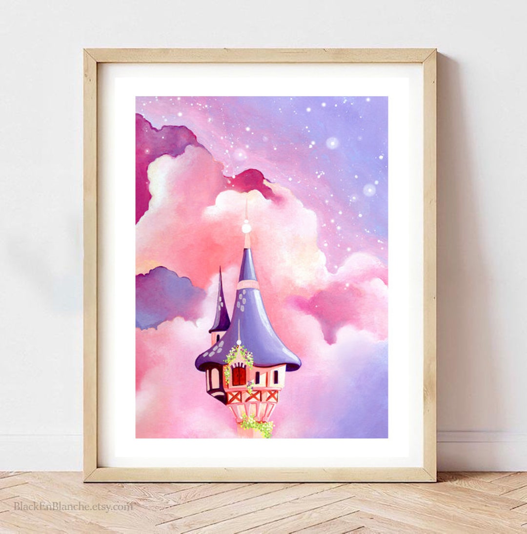 Tangled Rapunzel Tower Art Print, Castle in the Pink Clouds Postcard ...