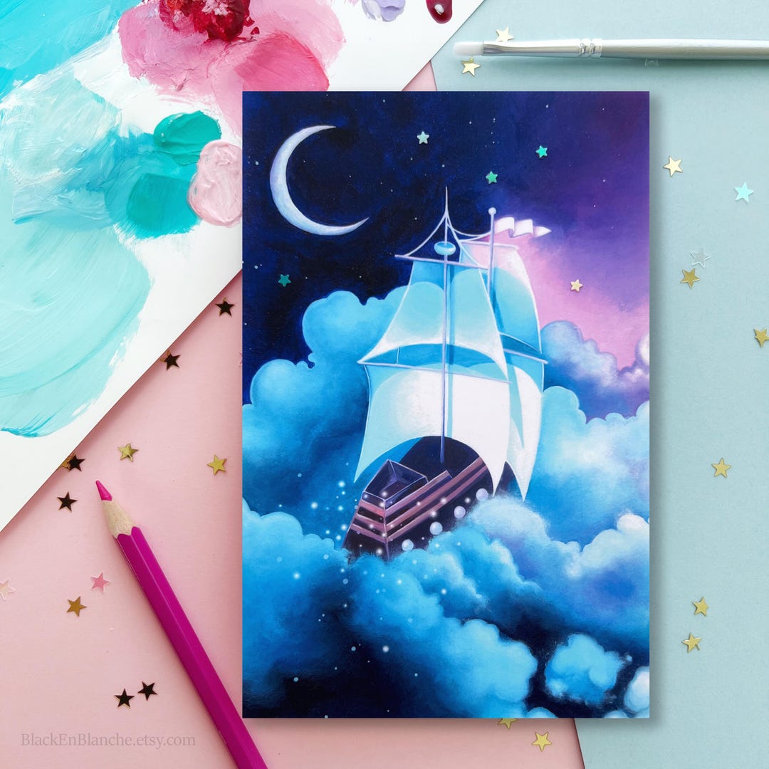 Holographic Art Print Ship in Clouds Painting, Sailing Through the Sky ...