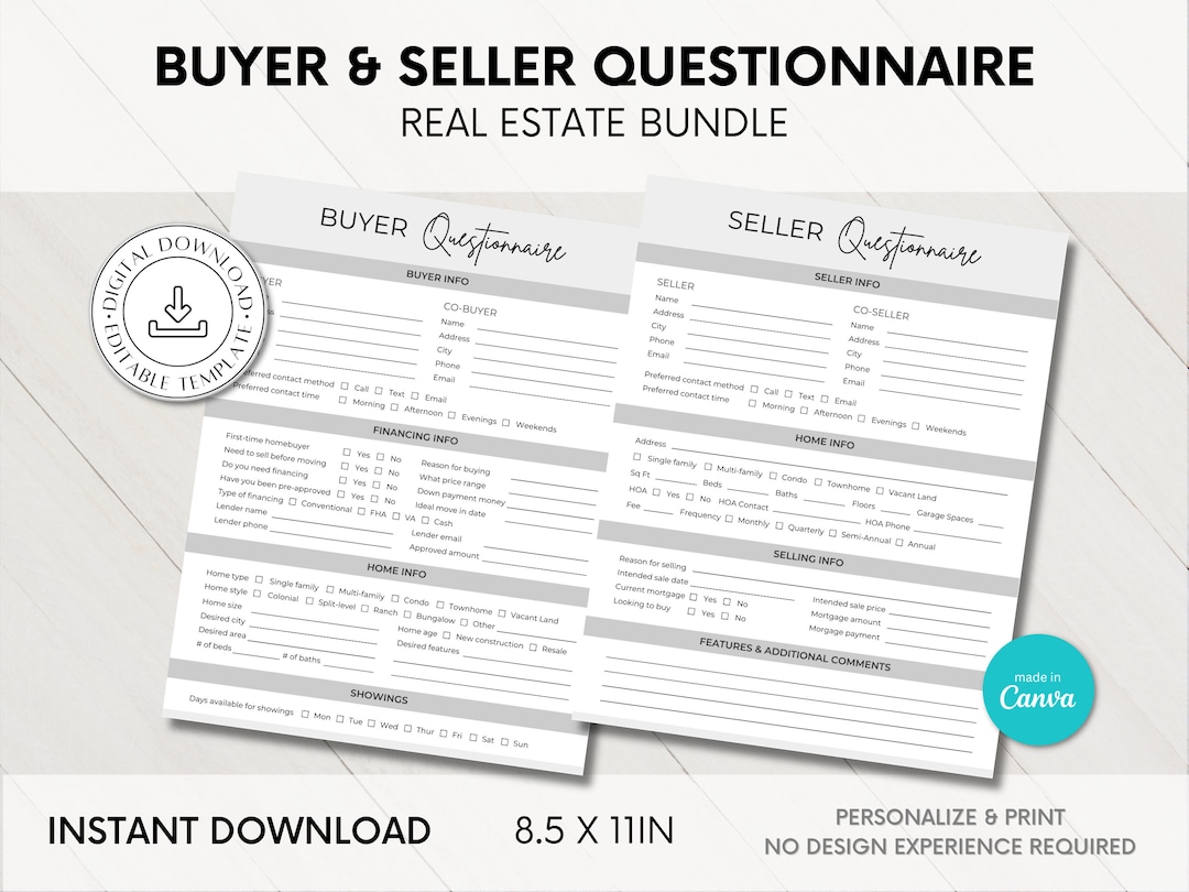 Buyer & Seller Questionnaire Bundle, Buyer Intake Form, Seller ...