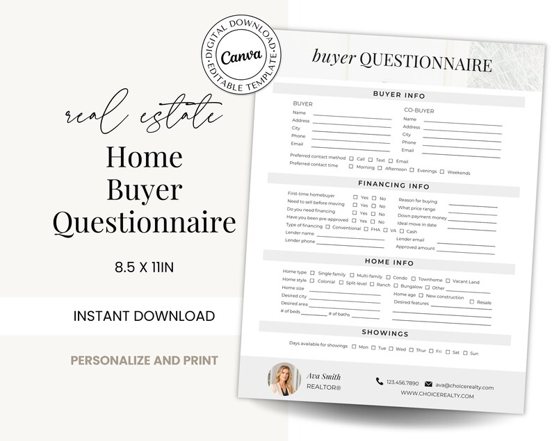 Real Estate Buyer Questionnaire Template, Buyer Information Sheet ...