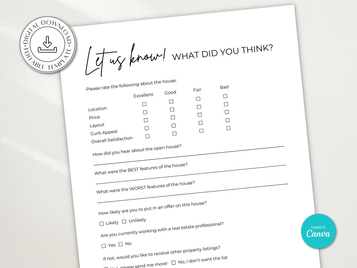 Open House Feedback Form, Realtor Open House Survey, Editable Feedback ...