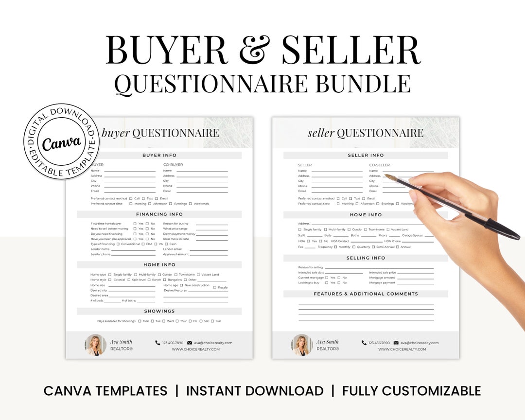 Buyer Questionnaire & Seller Questionnaire for Real Estate, Realtor ...