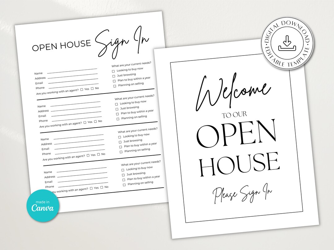 Open House Sign in Sheets & Open House Welcome Sign, Real Estate Open ...