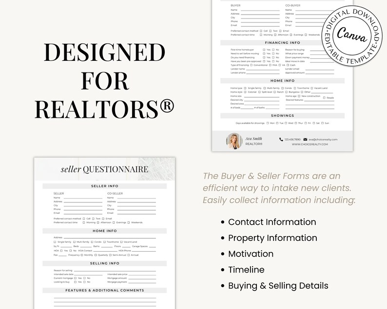 Buyer Questionnaire & Seller Questionnaire for Real Estate, Realtor ...
