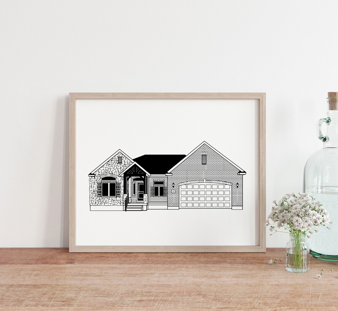 Custom Hand Drawn House Portrait Silhouette With Name or Date - Etsy