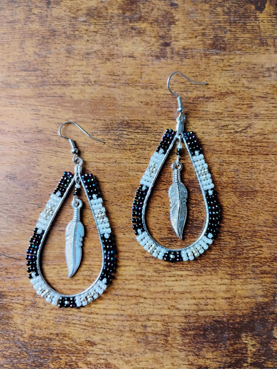Western Metallic, Black and White Beaded Tear Drop Hoops - Etsy