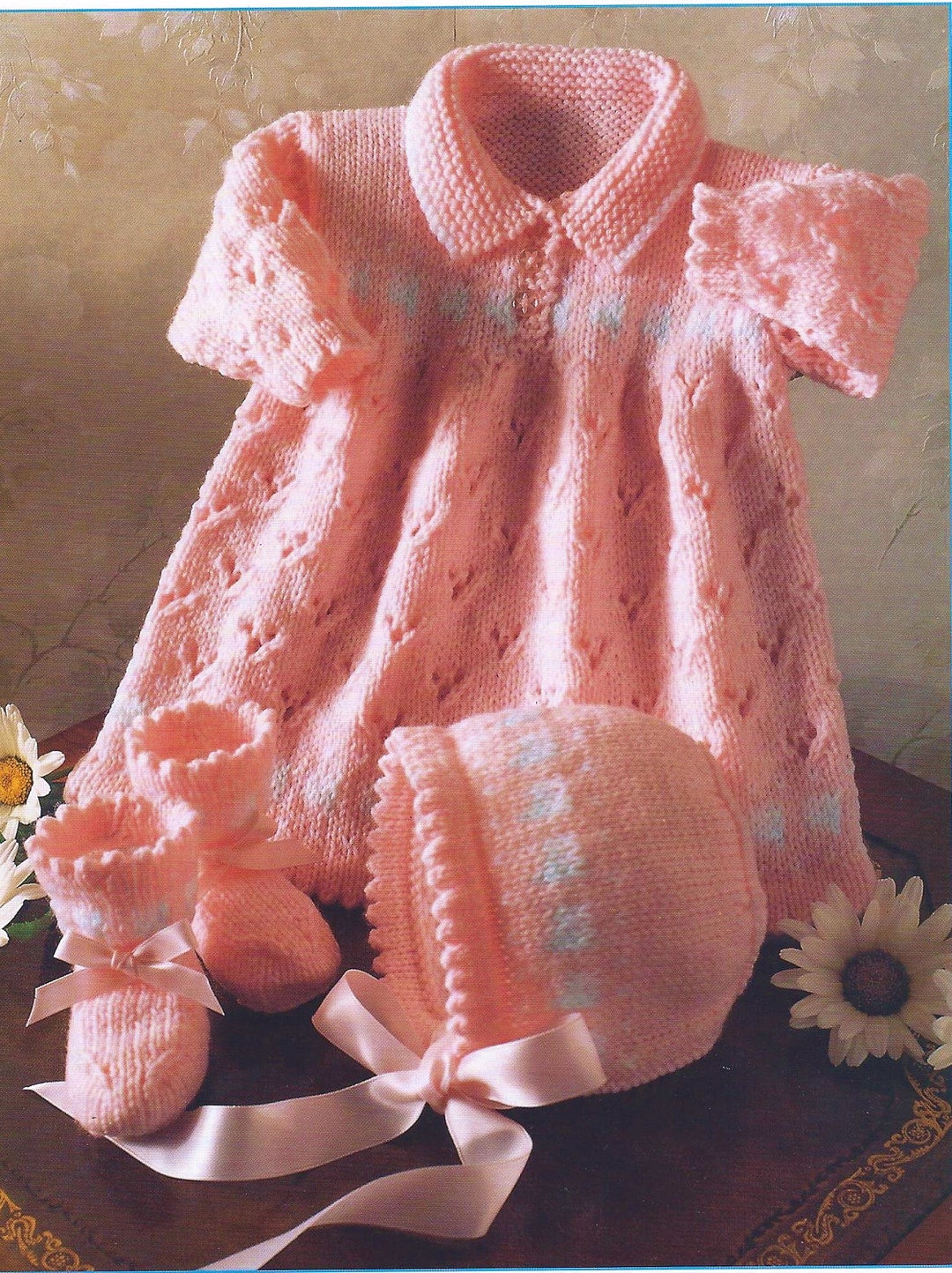 Baby Knitting Pattern Pdf Eyelet Dress Bootees Hat Double Knit - Etsy