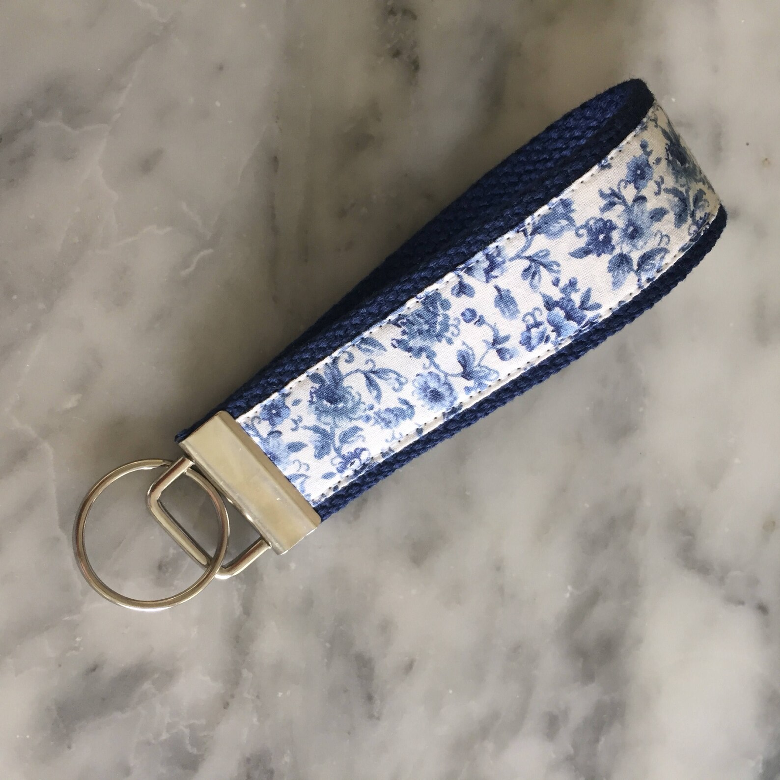 Blue Print Floral Key Fob- Fabric Key Fob- Navy Key Fob- Blue Flower ...
